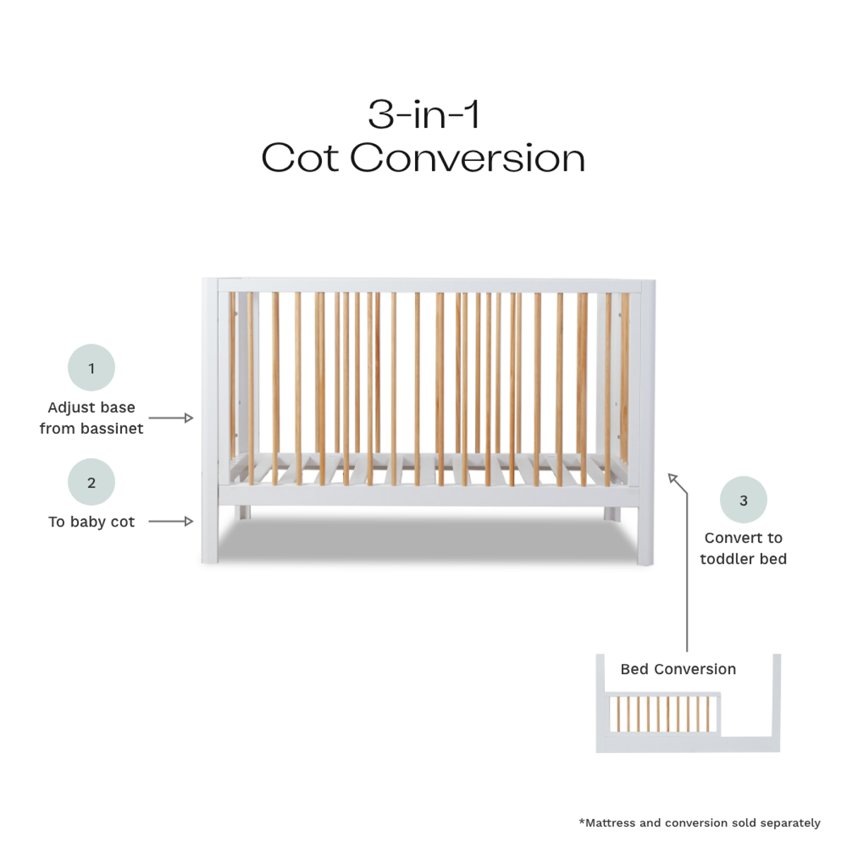 Fraser Coastal Cot - White/Natural | Adaptable Baby Cot | Mocka